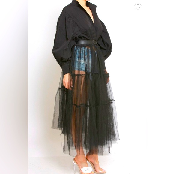 Dresses | Sheer Bottom Belted Shirt Dress With Puffy Sleeves | Poshmark